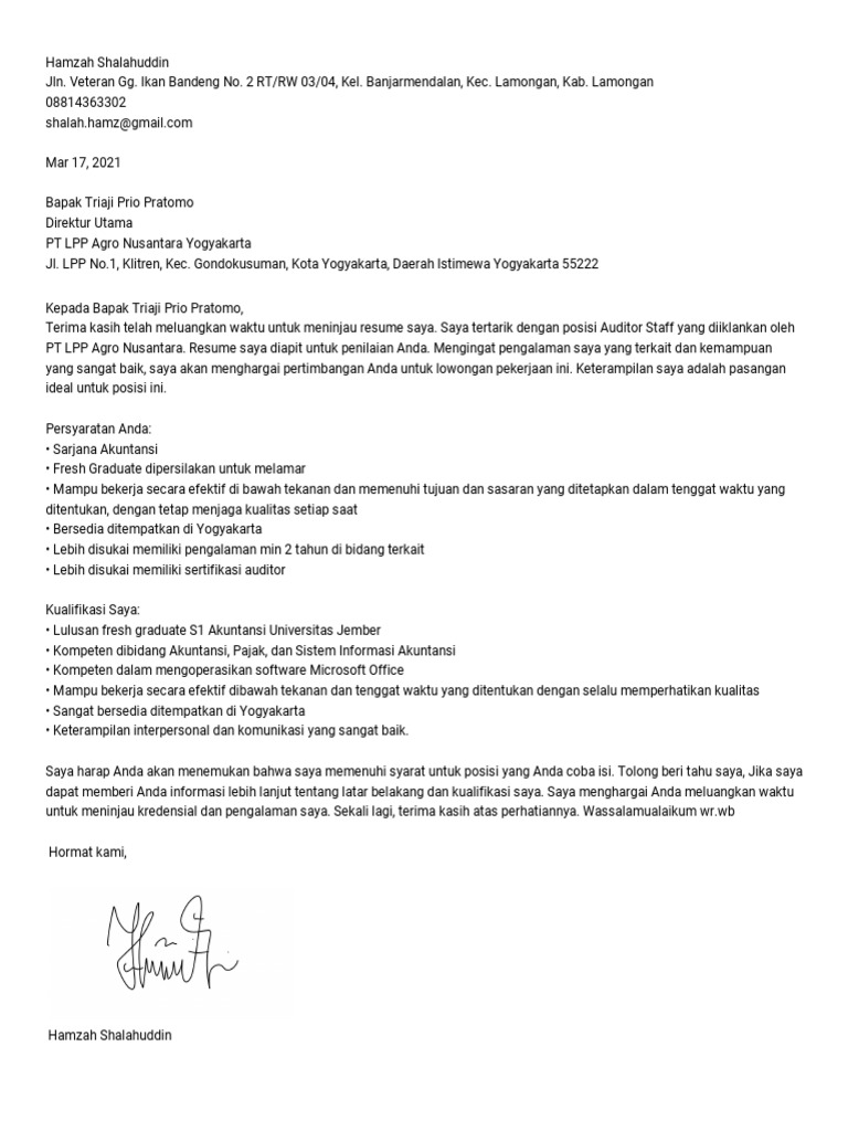 Surat Lamaran + CV Hamzah | PDF