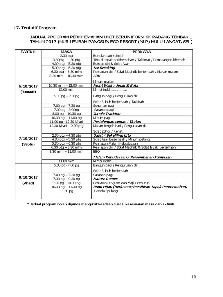 Jadual Tentatif Perkhemahan | PDF