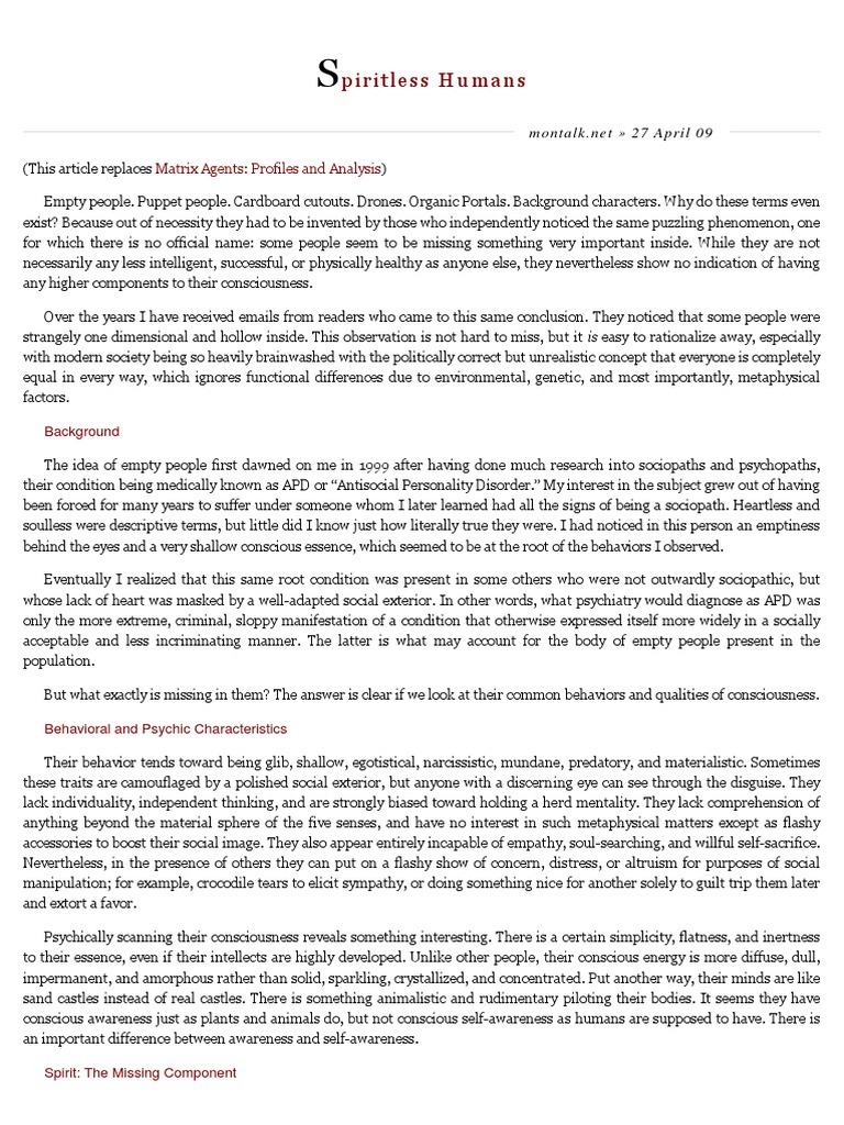 Spiritless Humans Matrix PDF | PDF | Psychopathy | Self Awareness