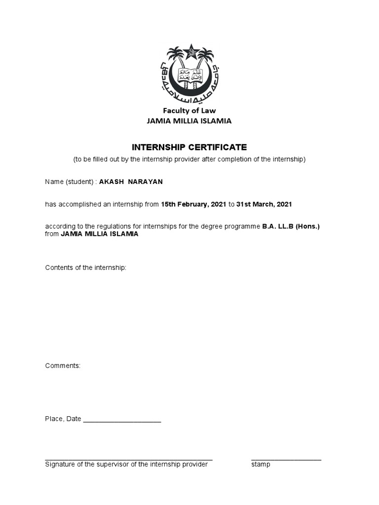 Faculty of Law Jamia Millia Islamia Internship Certificate | PDF