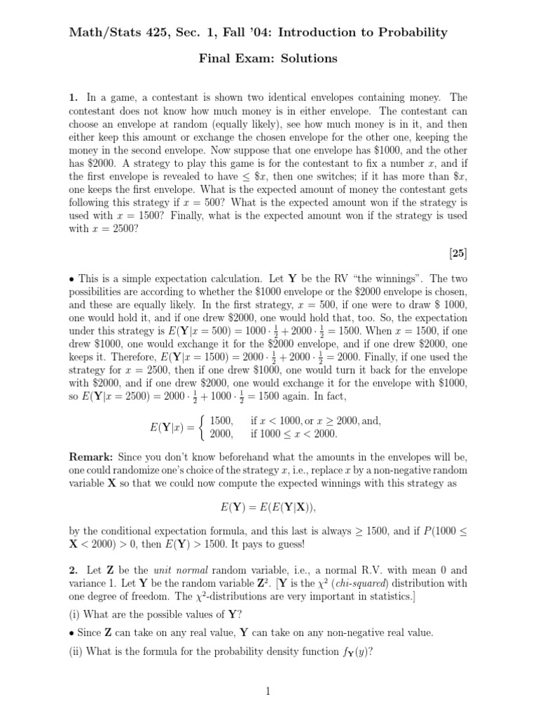 Math425 Probability FINAL-Exam SOLUTIONS Fall04 | PDF | Probability Density Function | Random ...