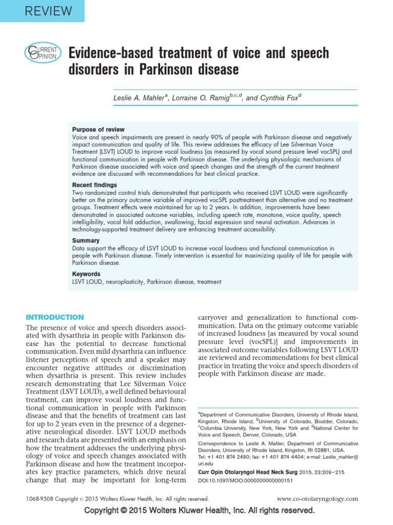 Evidence-Based Treatment of Voice and Speech Disorders in Parkinson ...