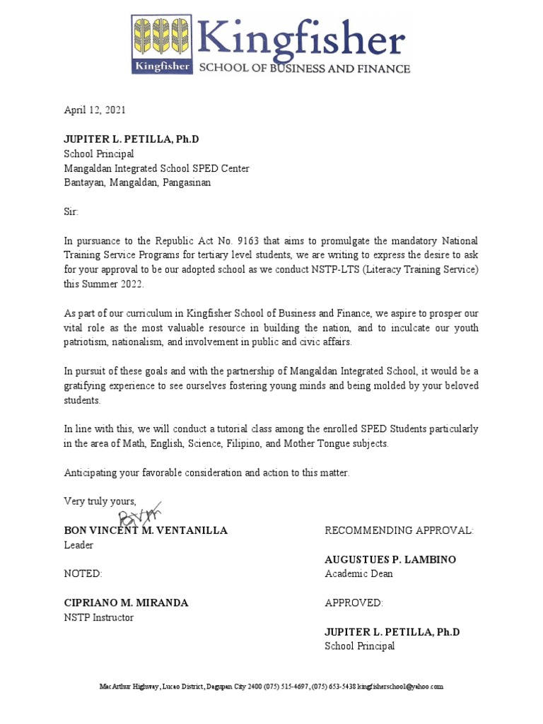 NSTP-LTS Approval Request Letter | PDF