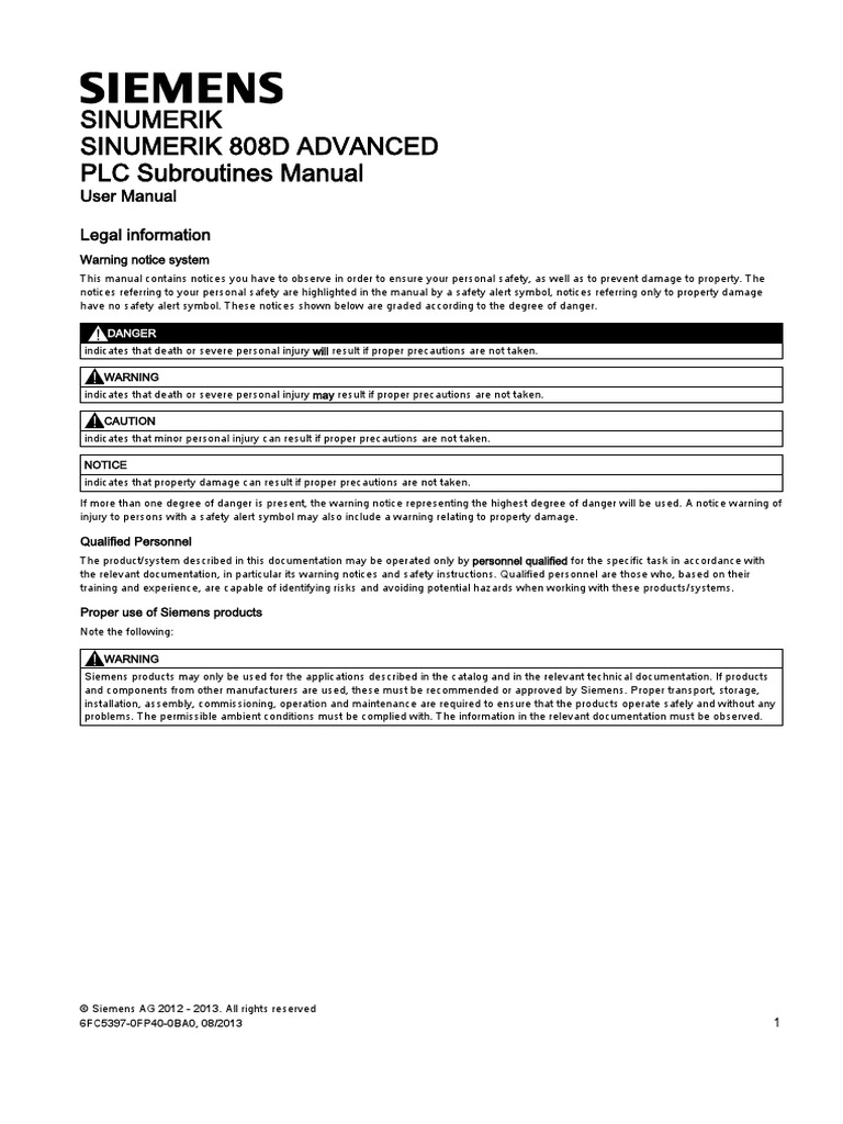 Sinumerik Sinumerik 808D Advanced PLC Subroutines Manual: User Manual ...