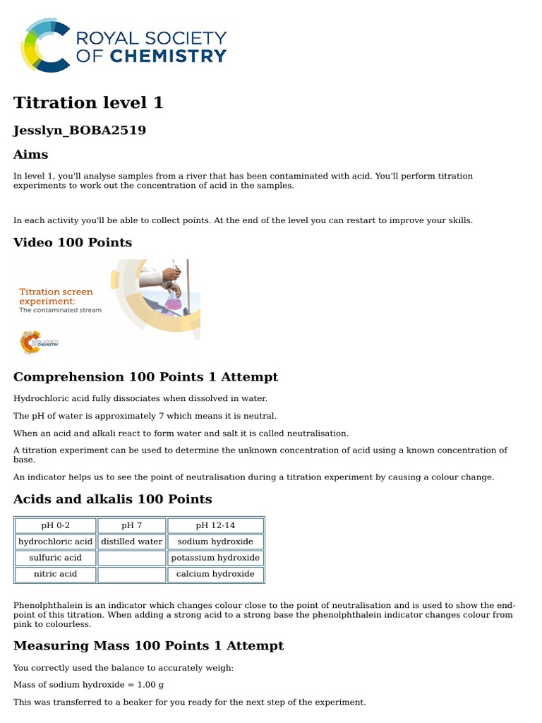 Titration Level 1: Jesslyn - BOBA2519 Aims | PDF | Titration | Chemistry