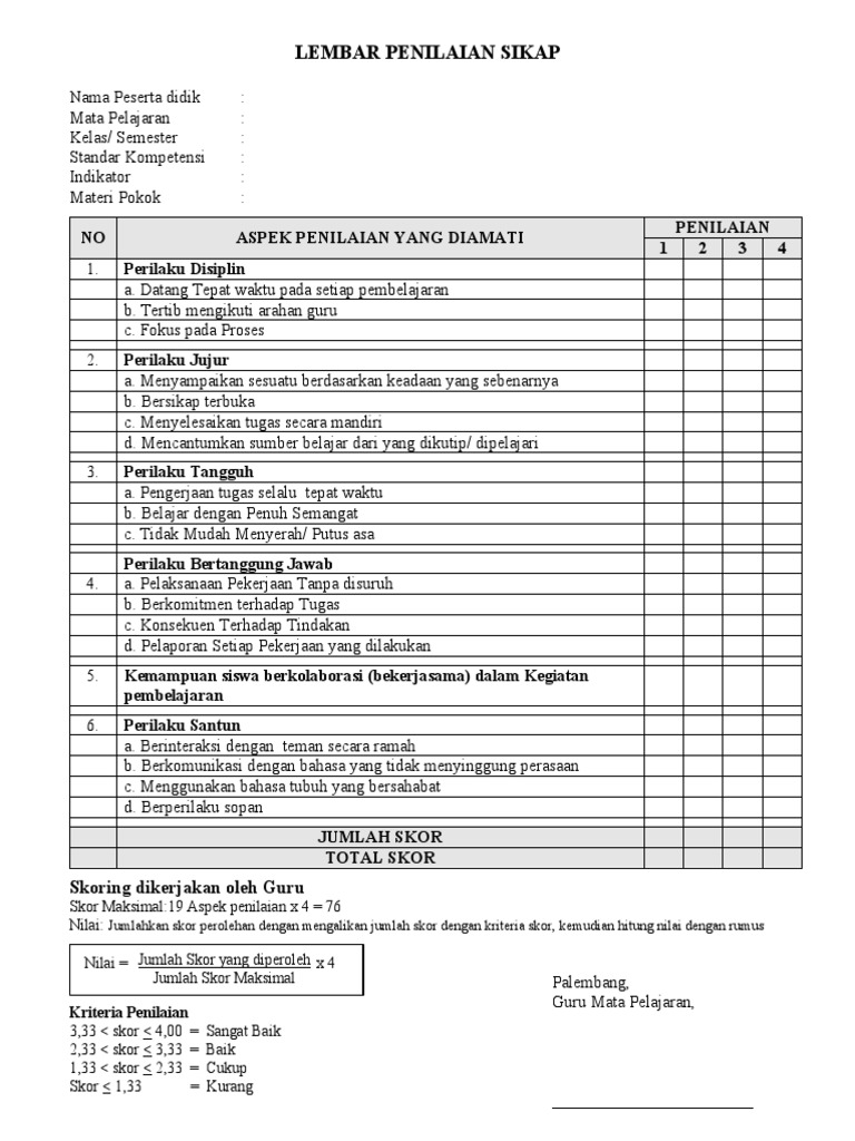 Lembar Penilaian Sikap | PDF