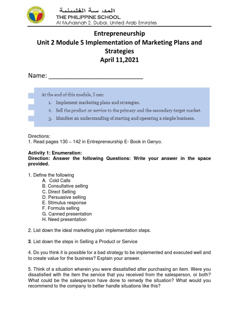 Unit 2 Module 5 Implementation of Marketing Plans and Strategies | PDF