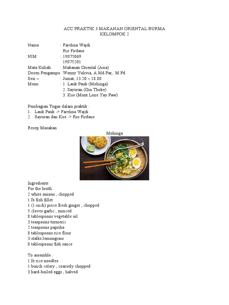 ACC PRAKTIK 3 MAKANAN ORIENTAL BURMA - Kelompok 2 | PDF | Ginger | Salad