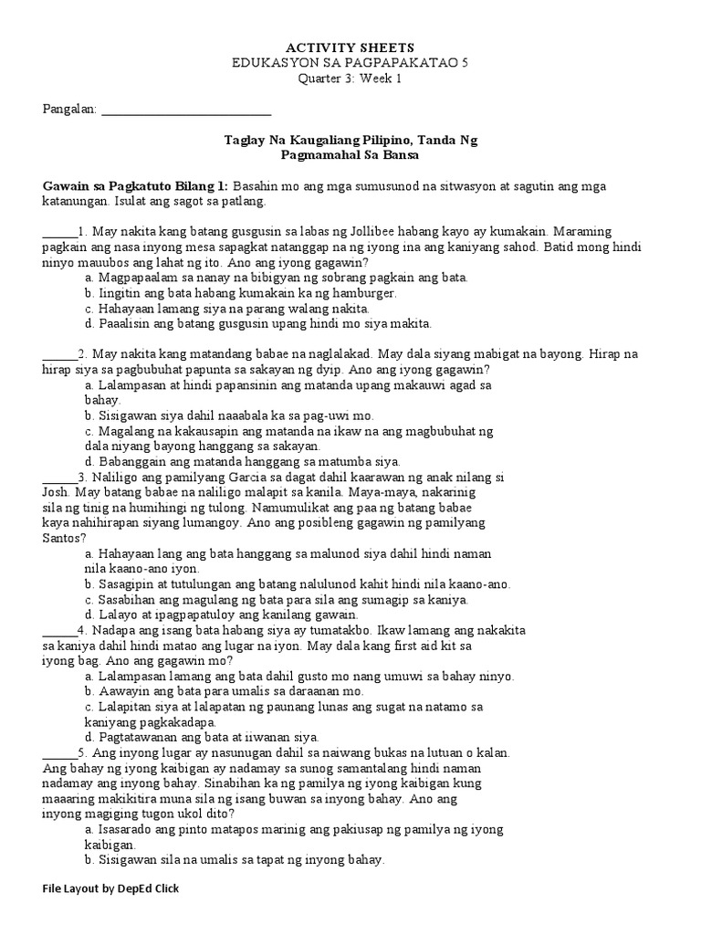 ESP 5 Activity Sheet Q3 W1 | PDF