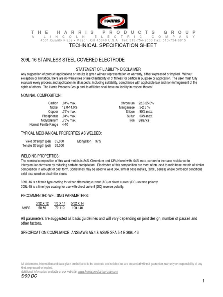 309L-16 Stainless Steel Covered Electrode: Technical Specification ...