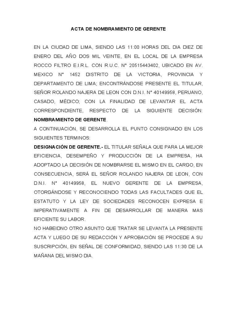 Acta de Nombramiento de Gerente | PDF