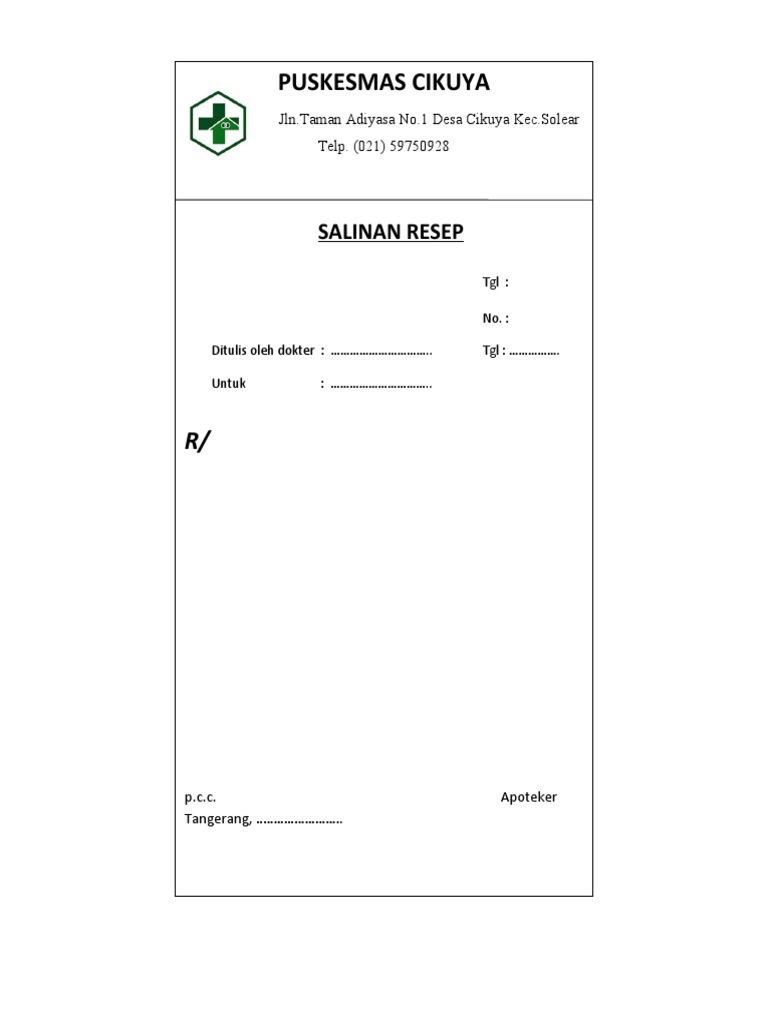 Resep Obat Dari Puskesmas Cikuya Untuk Pasien Di Desa Cikuya, Tangerang ...