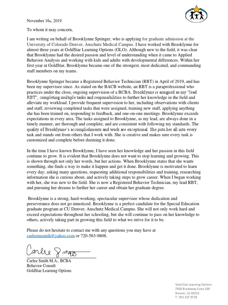 Brooklynne Springer Letter of Recommendation Smith | PDF | Applied ...