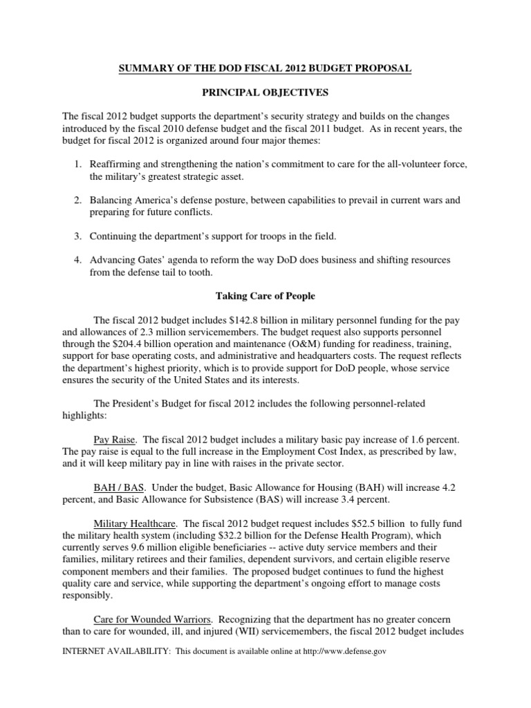 Summary of The Dod Fiscal 2012 Budget Proposal Principal Objectives ...