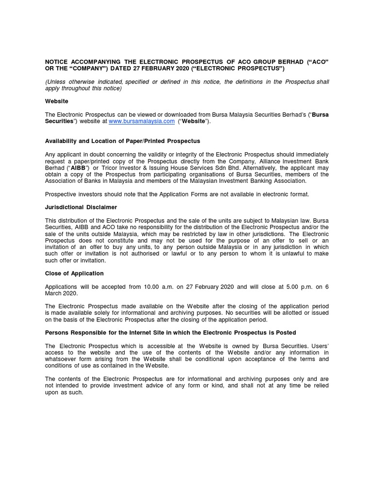 Aco Ipo. | PDF | Initial Public Offering | Prospectus (Finance)