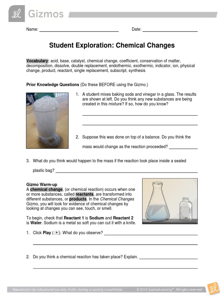 Student Exploration: Chemical Changes | PDF | Chemical Reactions | Chlorine