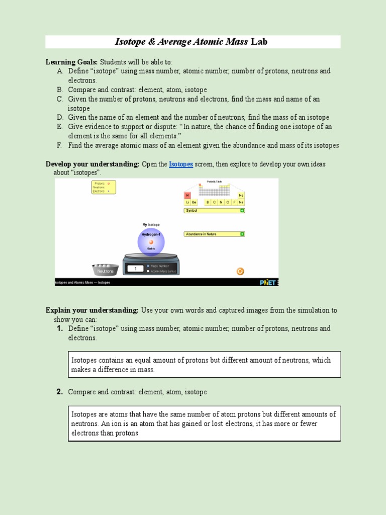 PhET Isotope & Average Atomic Mass Lab | PDF | Isotope | Proton