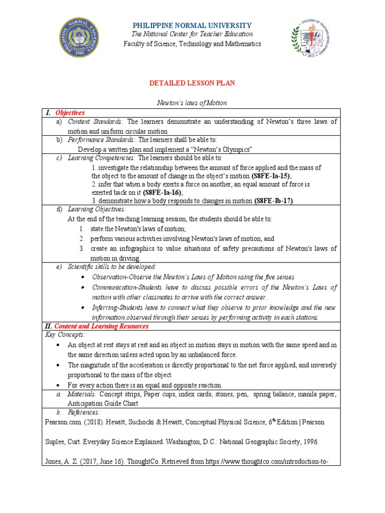 Detailed Lesson Plan in Grade 8 Science Laws of Motion | PDF | Newton's ...