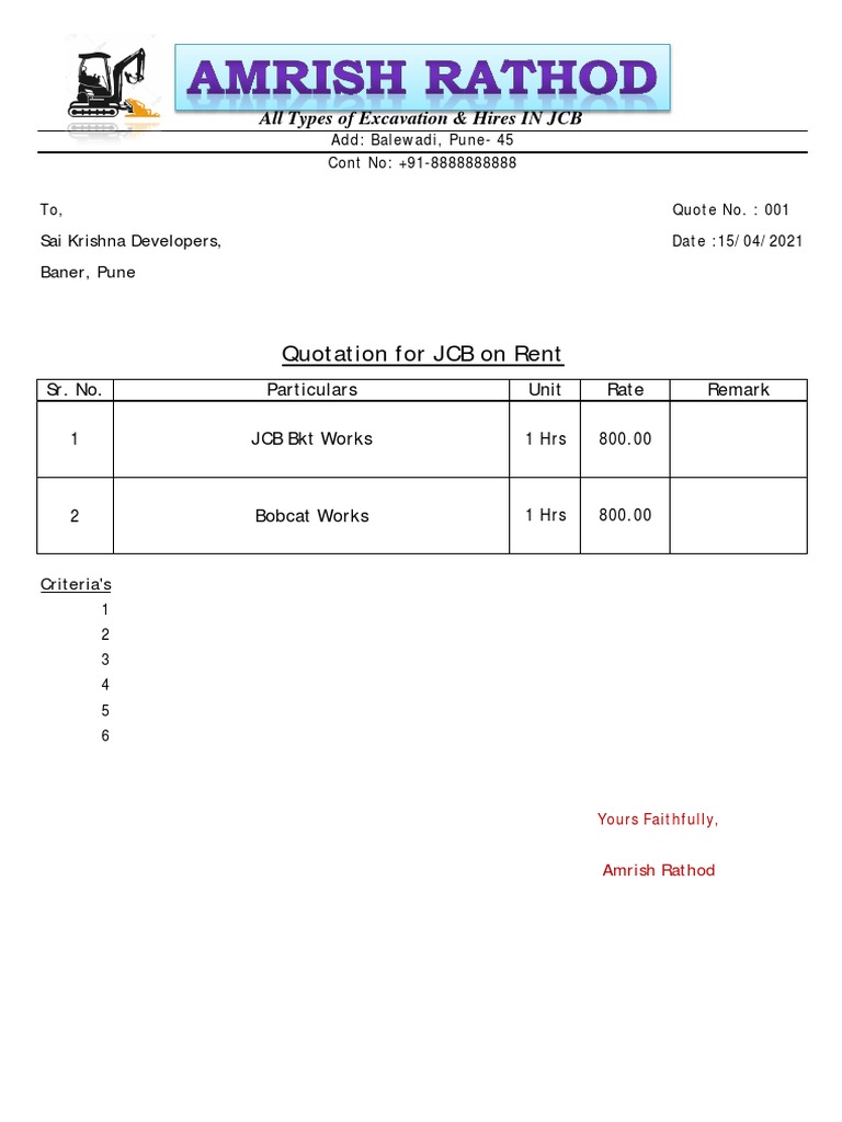Quotation For JCB On Rent: All Types of Excavation & Hires IN JCB | PDF