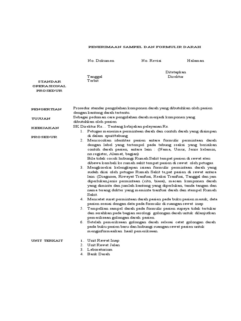 Sop Penerimaan Sampel Dan Formulir Darah | PDF