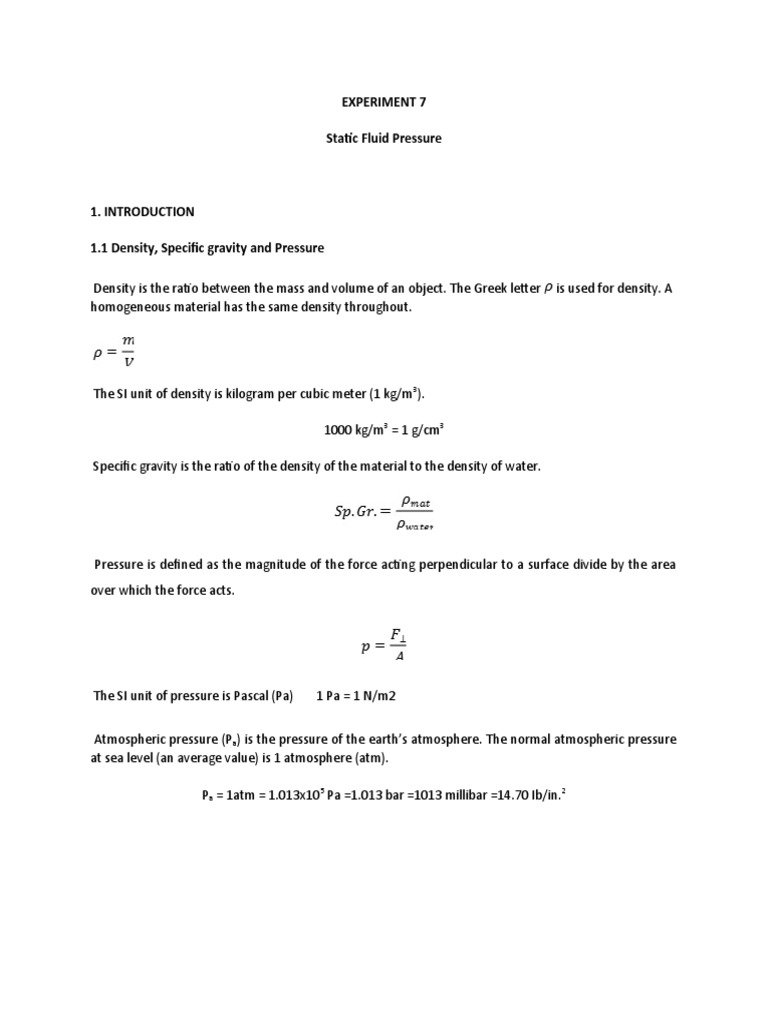 Experiment 7 Static Fluid Pressure | PDF | Pressure | Pascal (Unit)