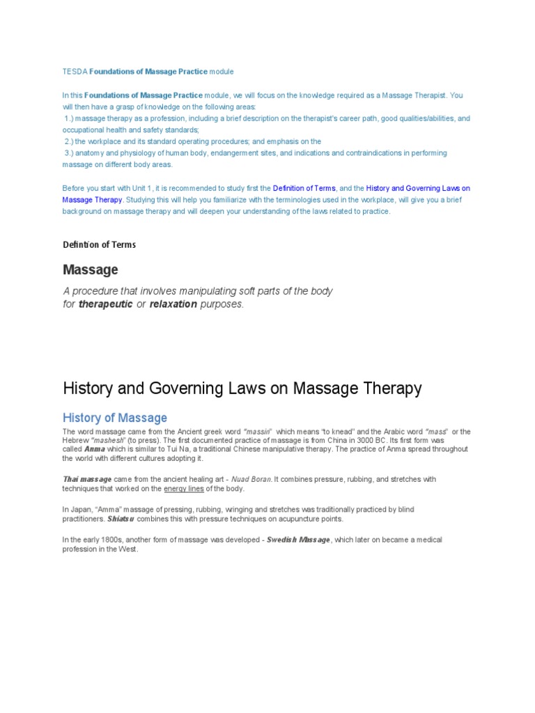 TESDA Massage Therapy Foundations Guide | PDF | Massage | Occupational ...