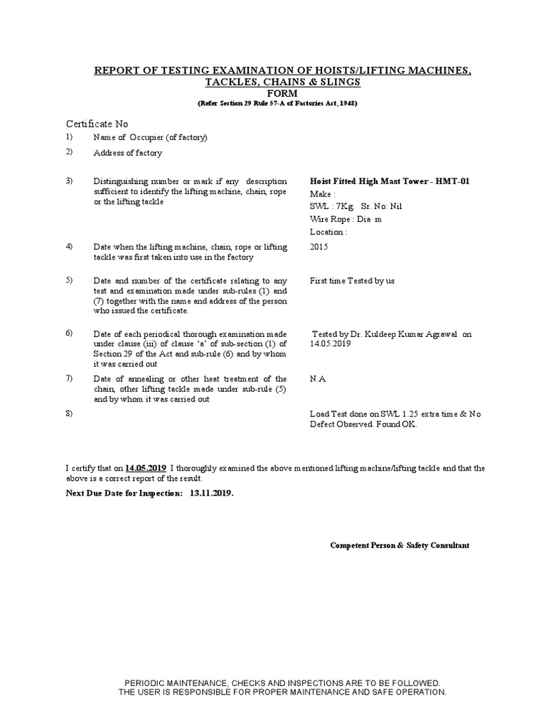 Certificate No: Report of Testing Examination of Hoists/Lifting ...