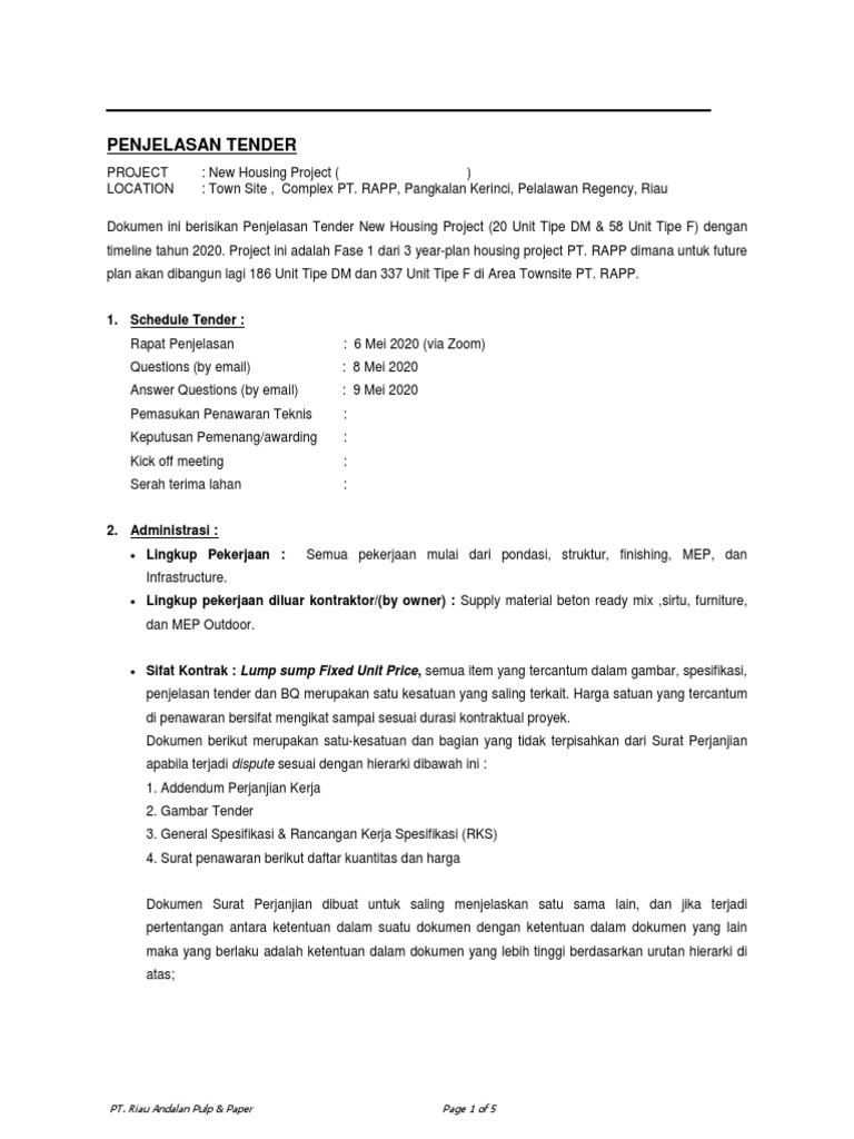 Penjelasan Tender Proyek Perumahan Baru PT. RAPP: Persyaratan, Lingkup ...