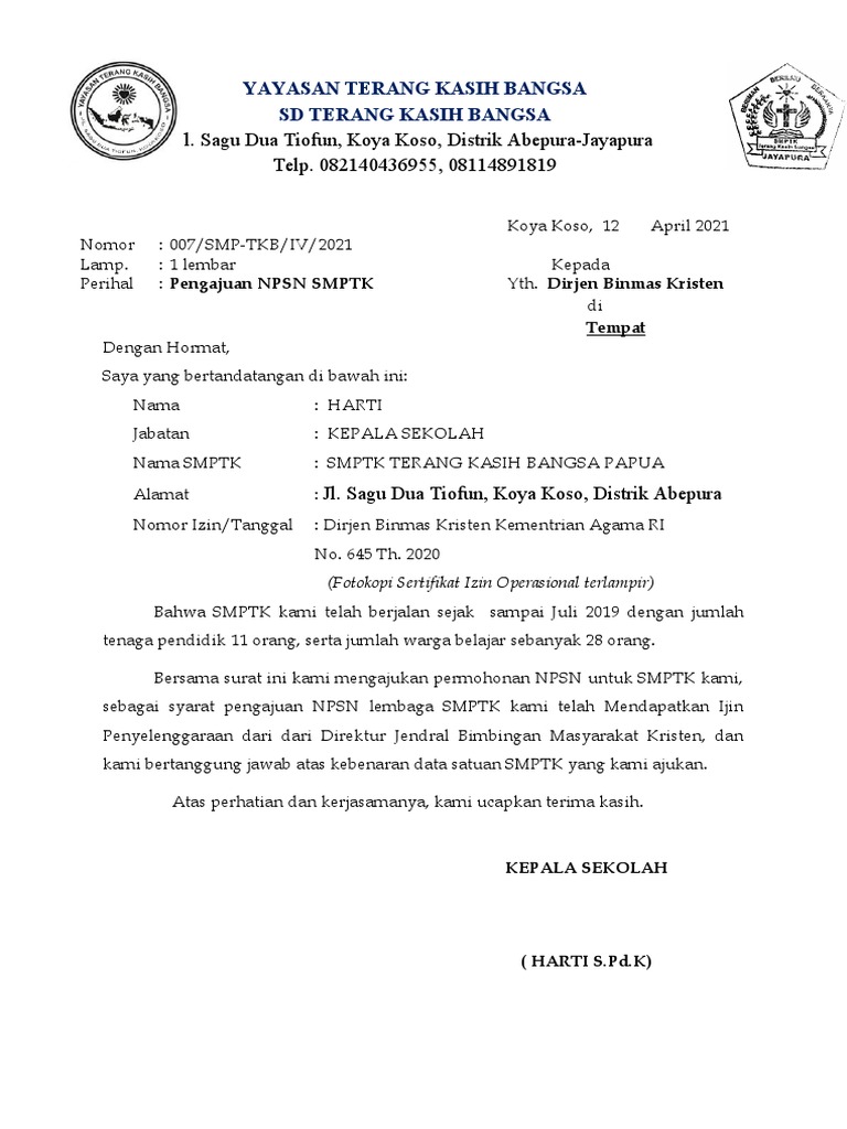 Contoh Surat Pengajuan NPSN DR Lembaga | PDF