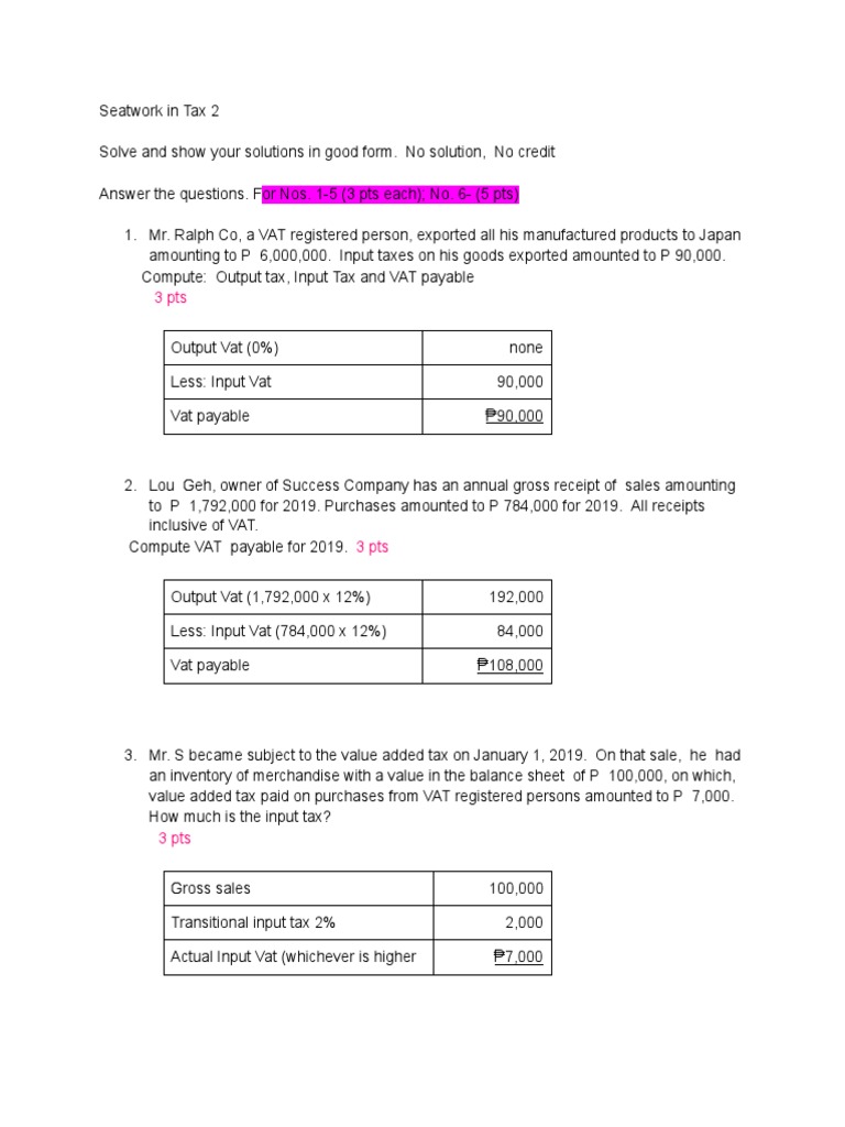 Calculating VAT Payables: A Worksheet with Multiple Tax Scenarios | PDF ...