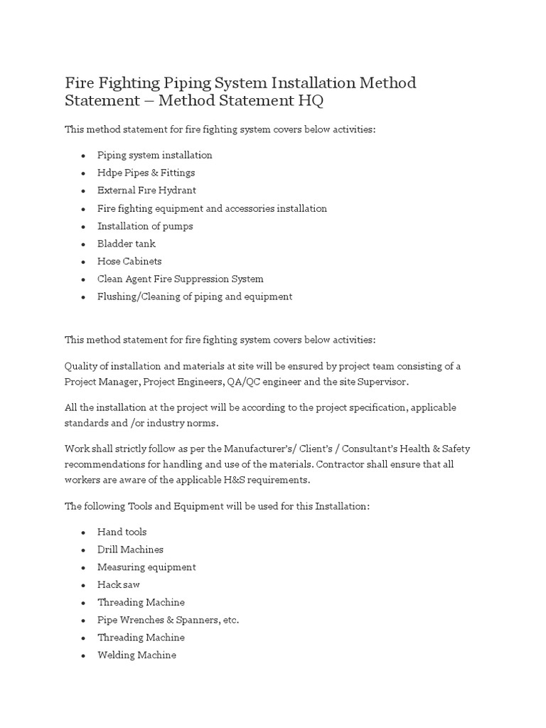 Fire Fighting Piping System Installation Method Statement | PDF | Pipe ...