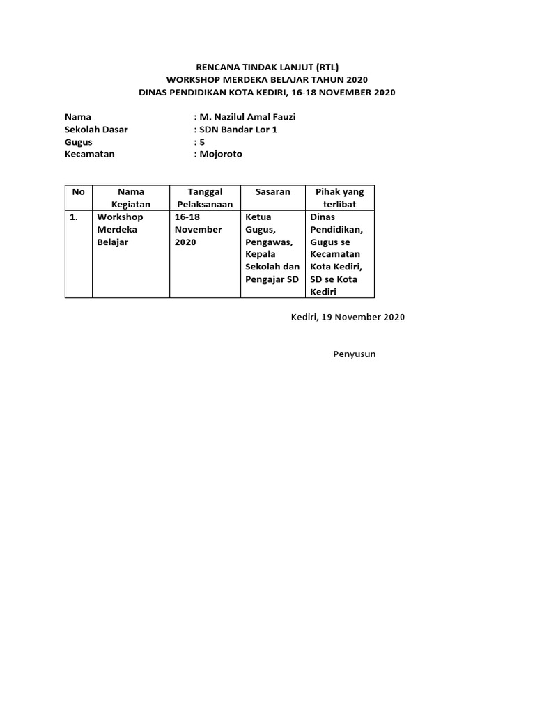 Contoh Rencana Tindak Lanjut RTL SD | PDF