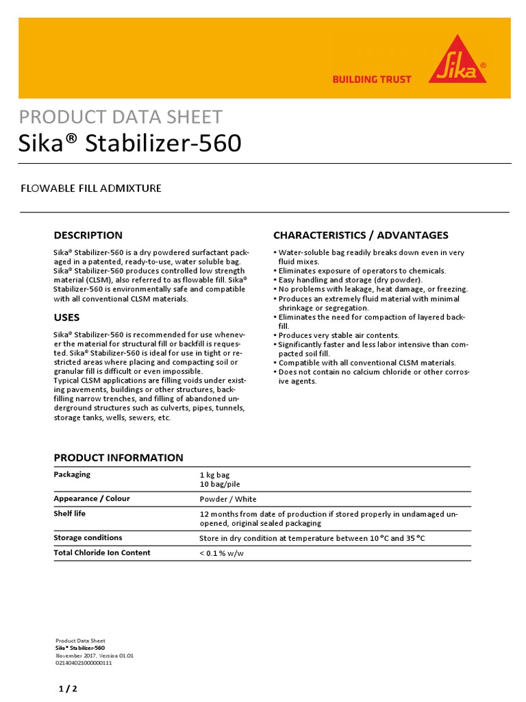Sika® Stabilizer-560: Product Data Sheet | PDF | Concrete | Materials