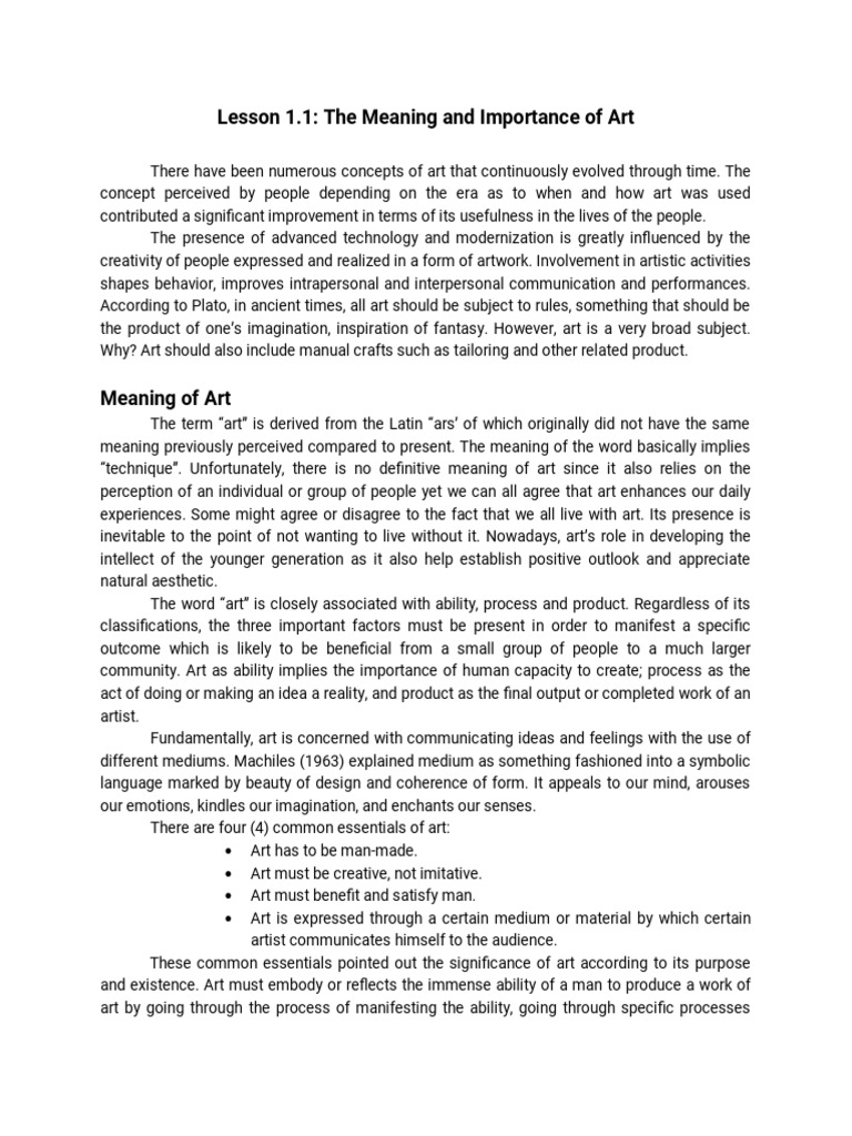 Lesson 1.1 The Importance and Meaning of Art | PDF | Idea | Aesthetics