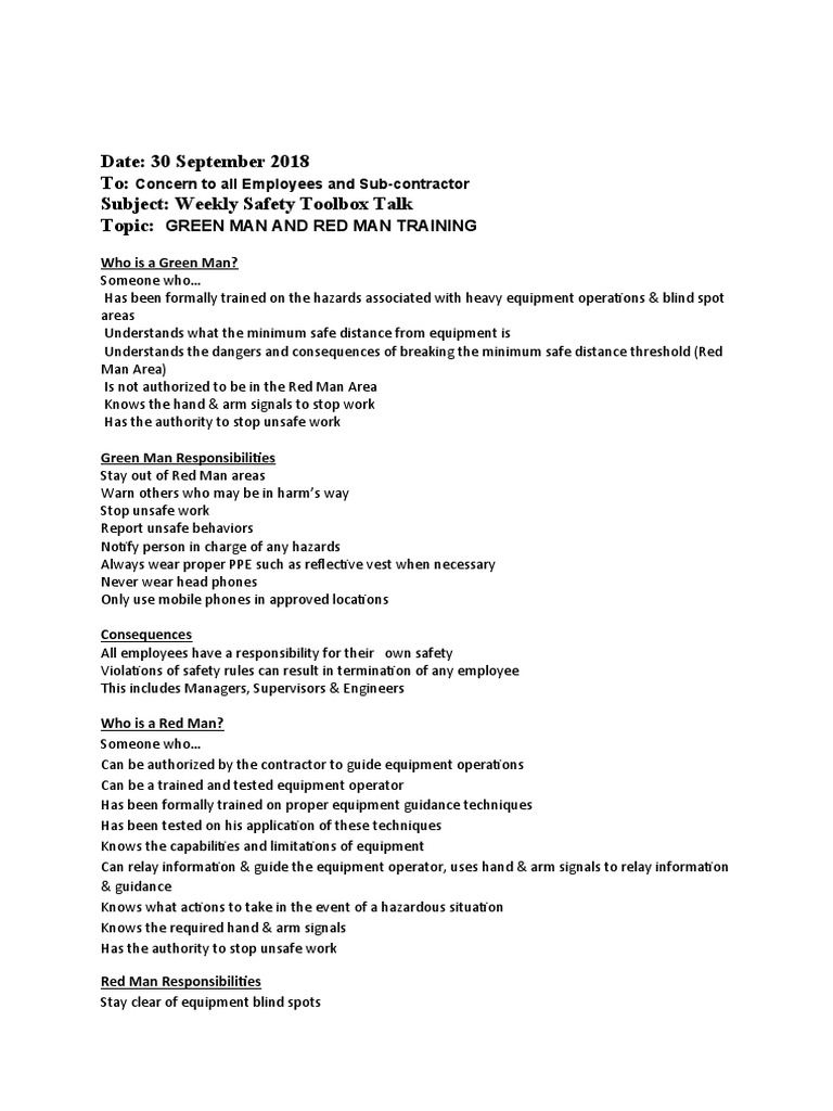 Date: 30 September 2018 To: Subject: Weekly Safety Toolbox Talk Topic | PDF