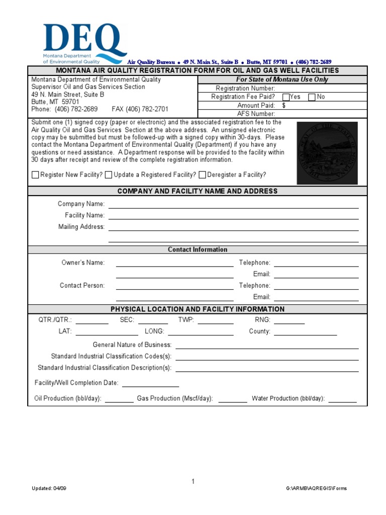 Montana Air Quality Registration Form For Oil and Gas Well Facilities ...