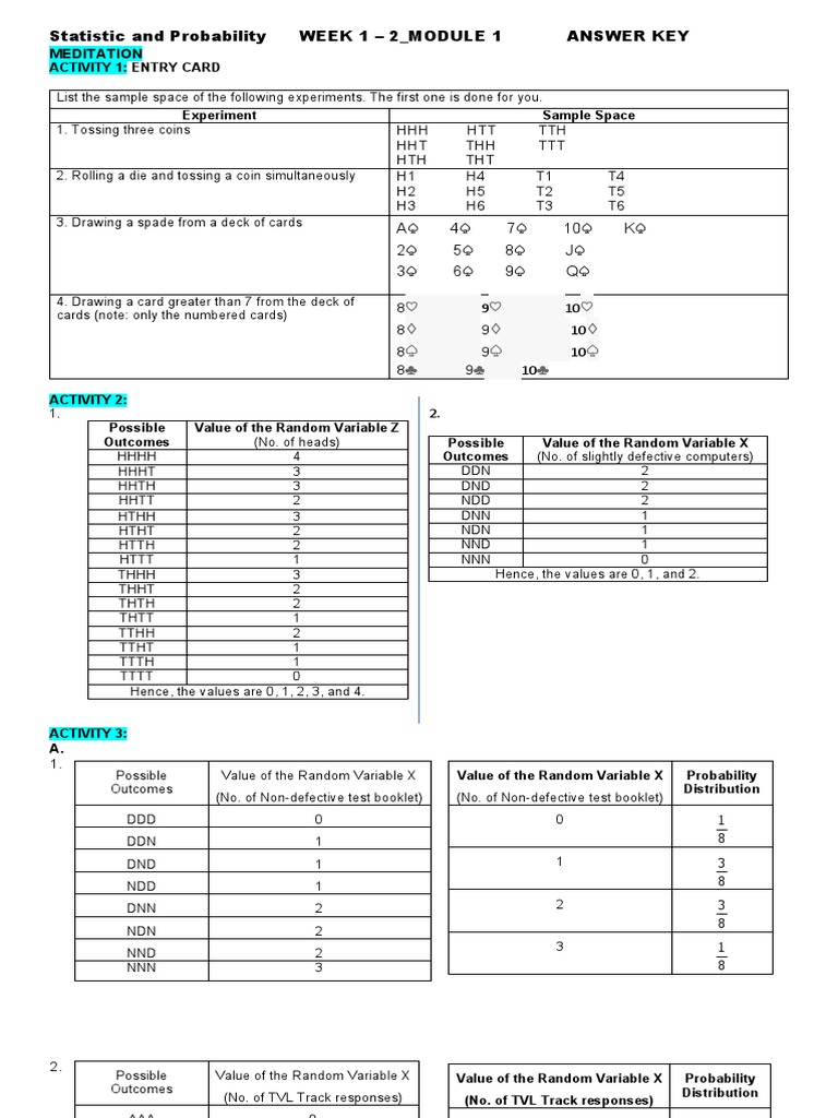 Statistic and Probability WEEK 1 - 2 - MODULE 1 Answer Key | PDF ...