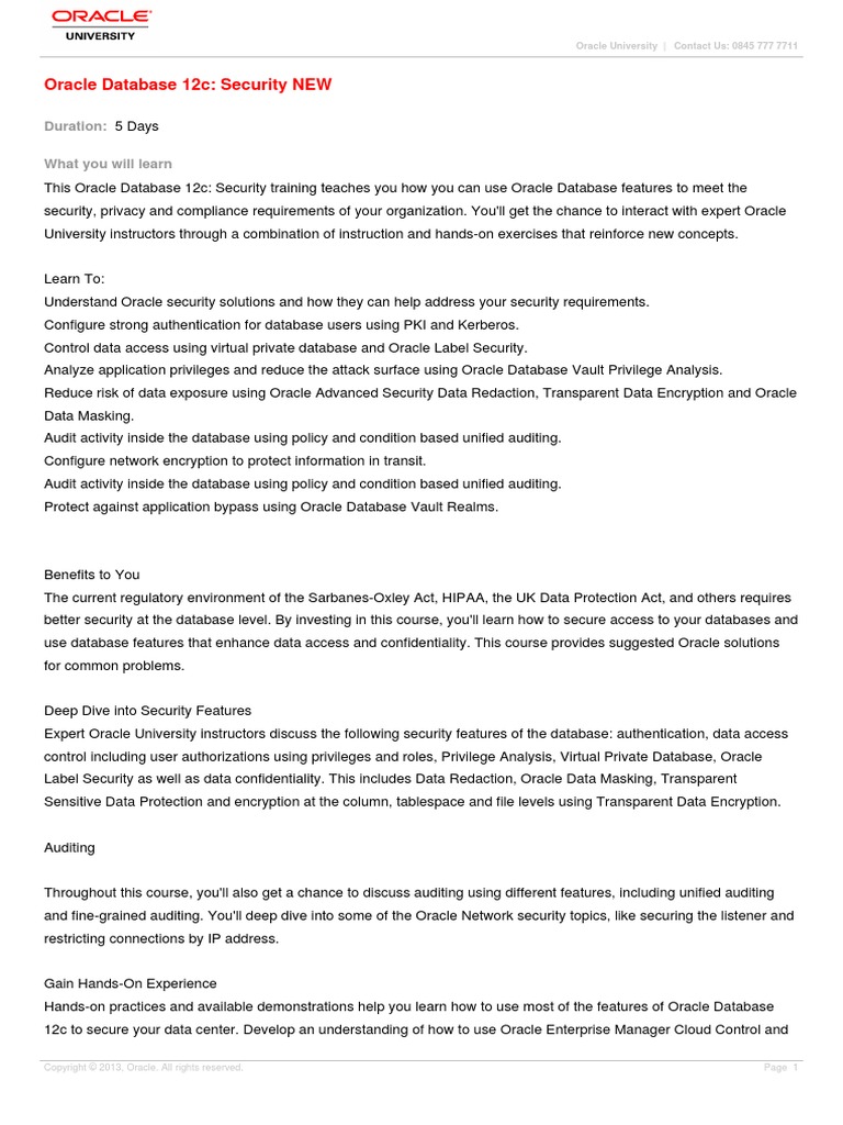 Docshare - Tips Oracle Database 12c Security New d81599gc10 | PDF
