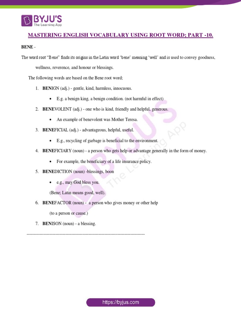 Mastering English Vocabulary Using Root Word Part - 10.: Bene | PDF