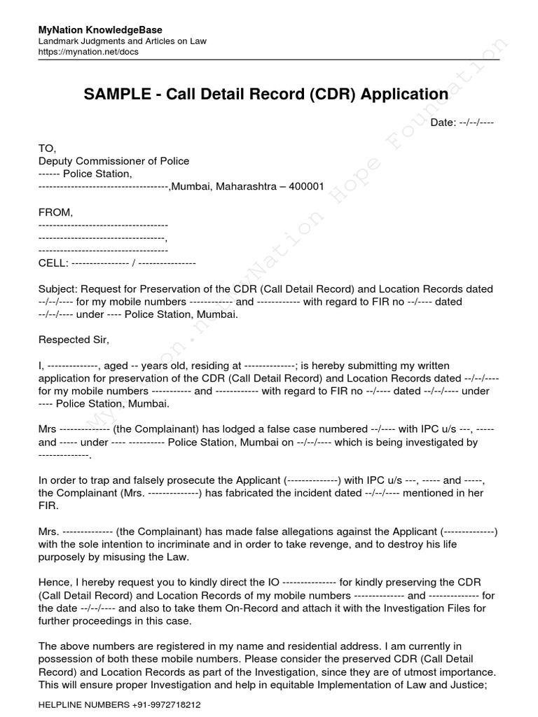Sample - Call Detail Record (CDR) Application: Mynation Knowledgebase ...