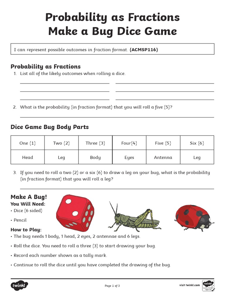Probability As Fraction Make A Bug Dice Game Activity | PDF | Dice ...