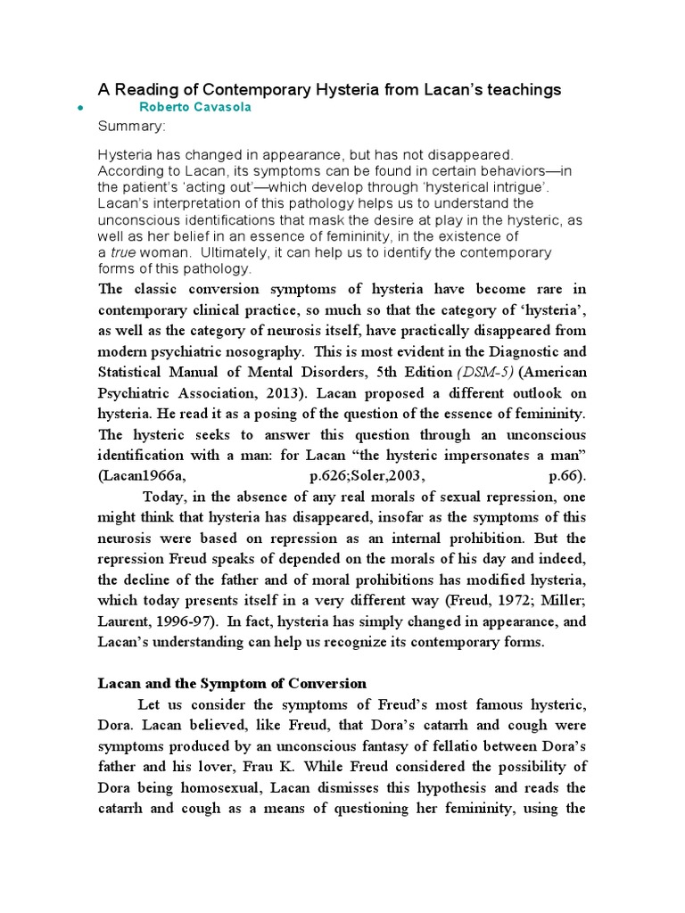 A Reading of Contemporary Hysteria From Lacan | PDF | Hysteria ...
