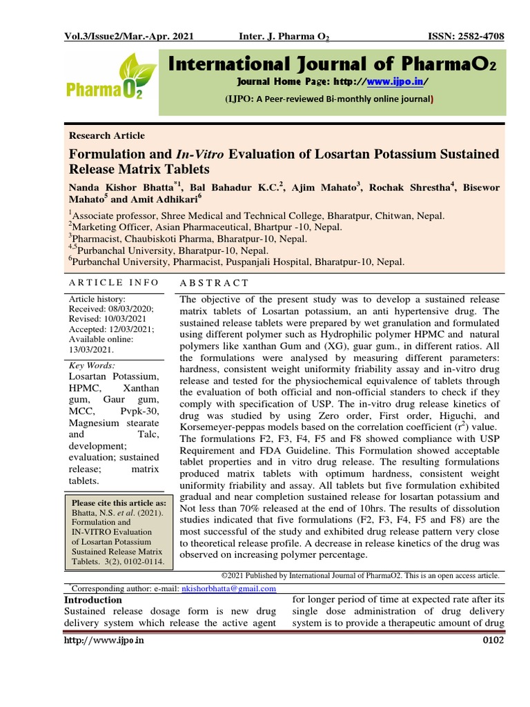 Formulation And In Vitro Evaluation Of Losartan Potassium Sustained Release Matrix Tablets Pdf