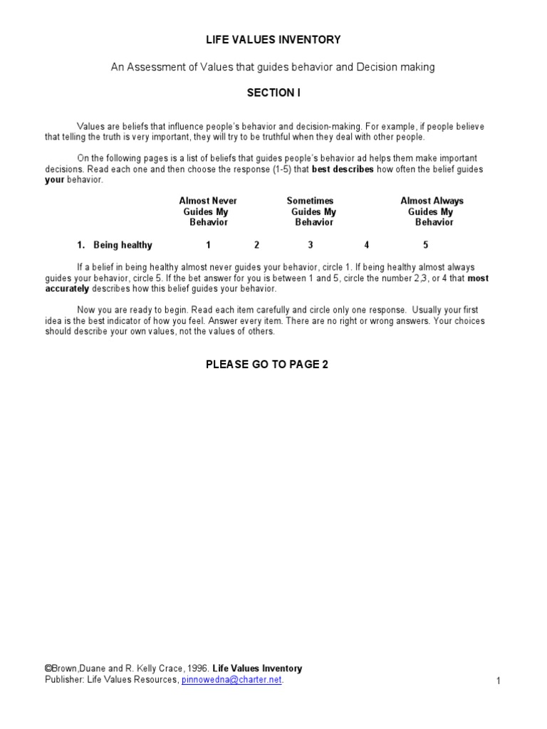 An Assessment of Values That Guides Behavior and Decision Making ...