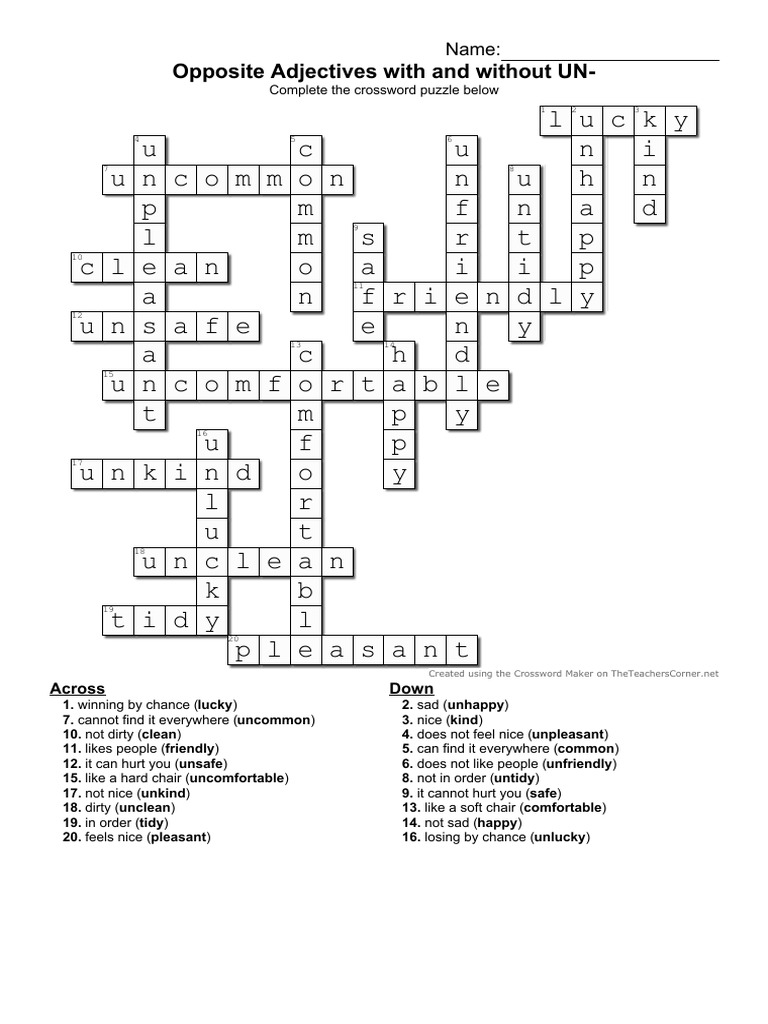 Opposite Adjectives Crossword Puzzle | PDF | Word Puzzles | Puzzles