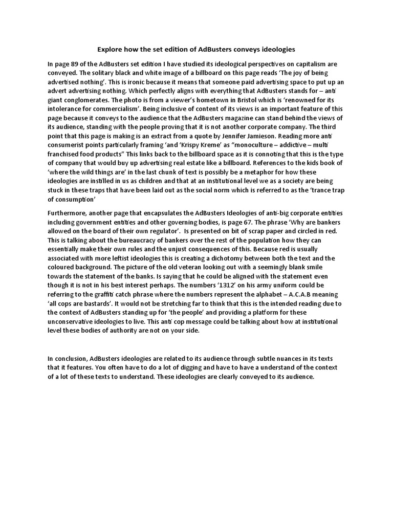 Explore How The Set Edition of Adbusters Conveys Ideologies | PDF ...