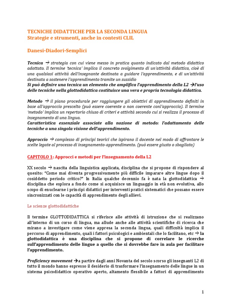 Tecniche Didattiche Per La Seconda Lingua-In Sintesi | PDF