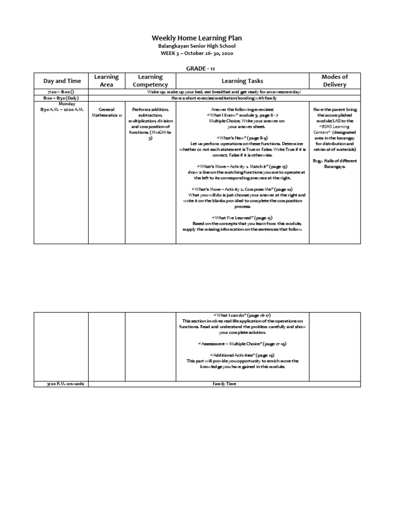 Weekly Home Learning Plan: Grade - 11 Day and Time Learning Area Learning Competency Learning ...