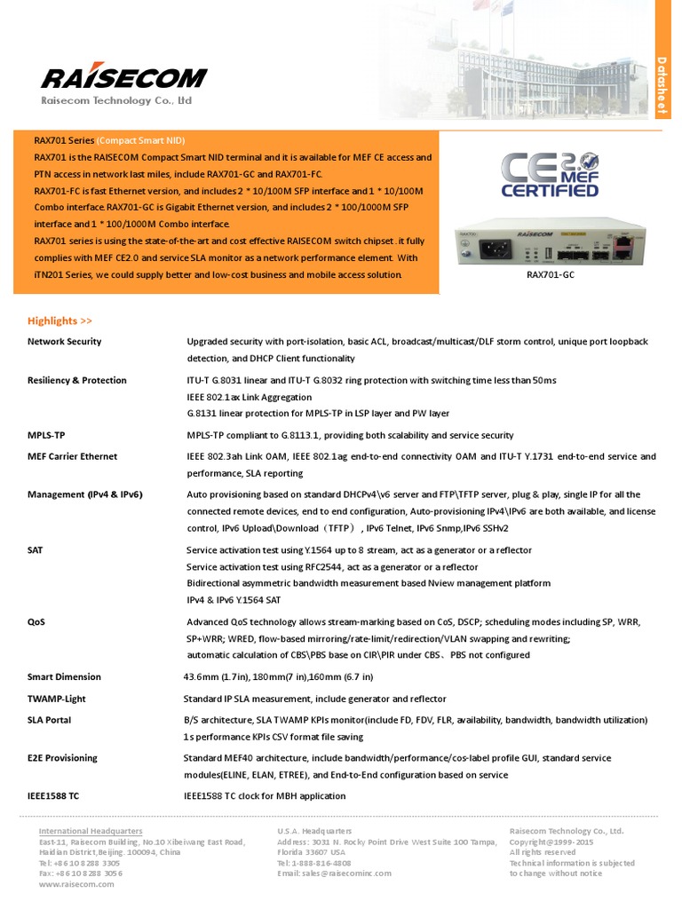 (Compact Smart NID) : Raisecom Technology Co., LTD | PDF | I Pv6 | Ethernet