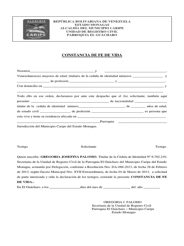 Formato de Fe de Vida Municipio Caripe | PDF
